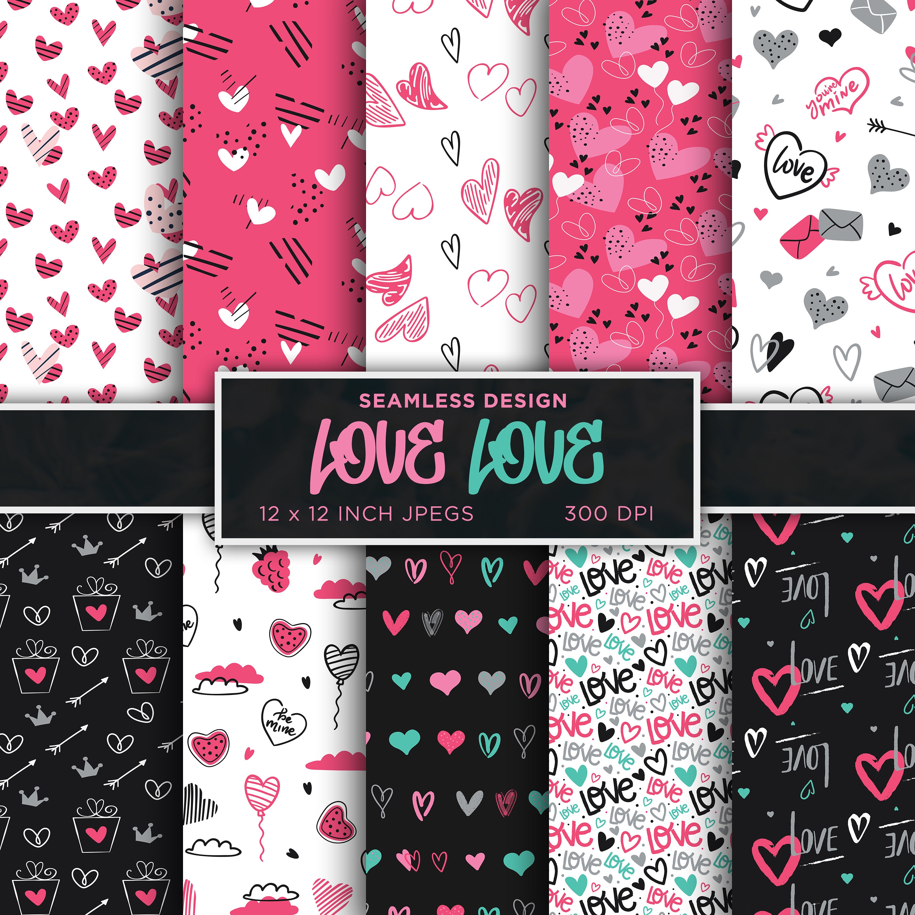 Love Love Seamless Digital Paper Valentines Day Digital Paper Black ...