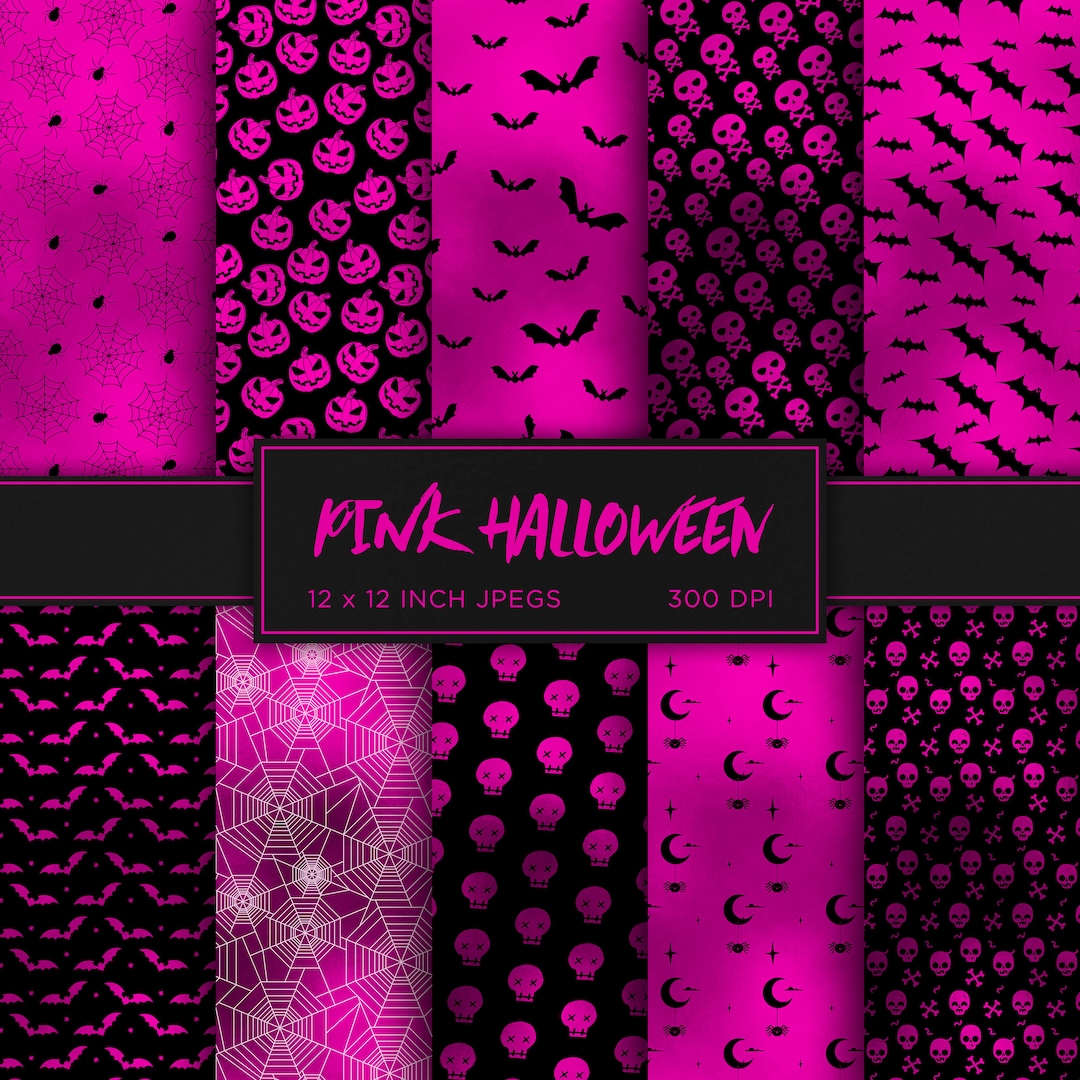 Pink Halloween Digital Paper Metallic Bats Skulls Digital Paper Webs ...