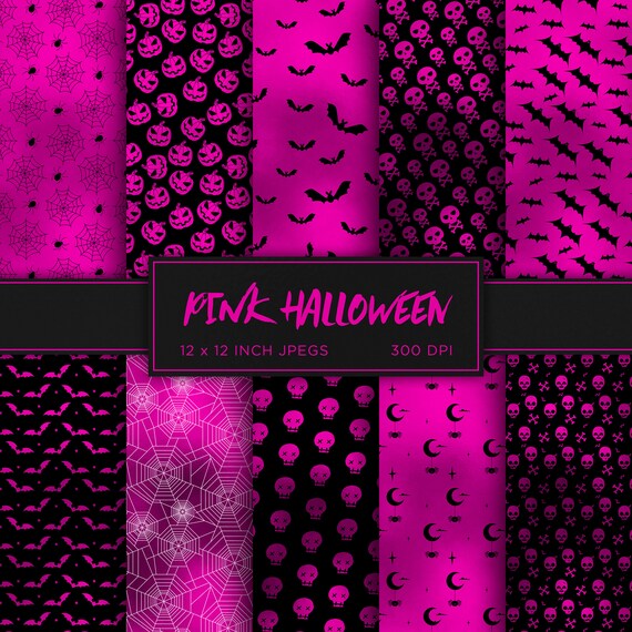 Pink Halloween Digital Paper Metallic Bats Skulls Digital - Etsy