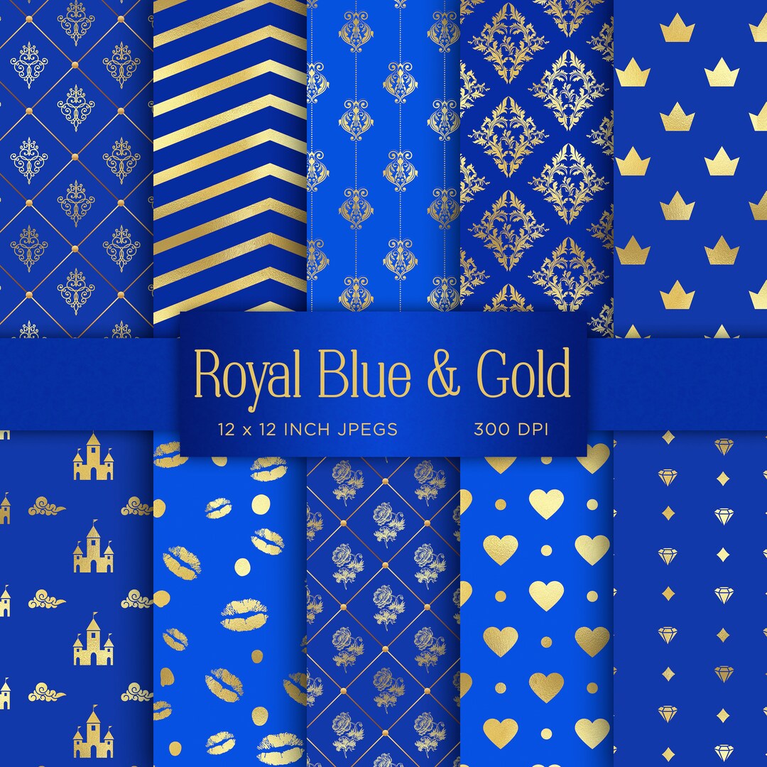 Royal Blue & Gold Digital Paper Diamonds Digital Paper Crown Damask ...