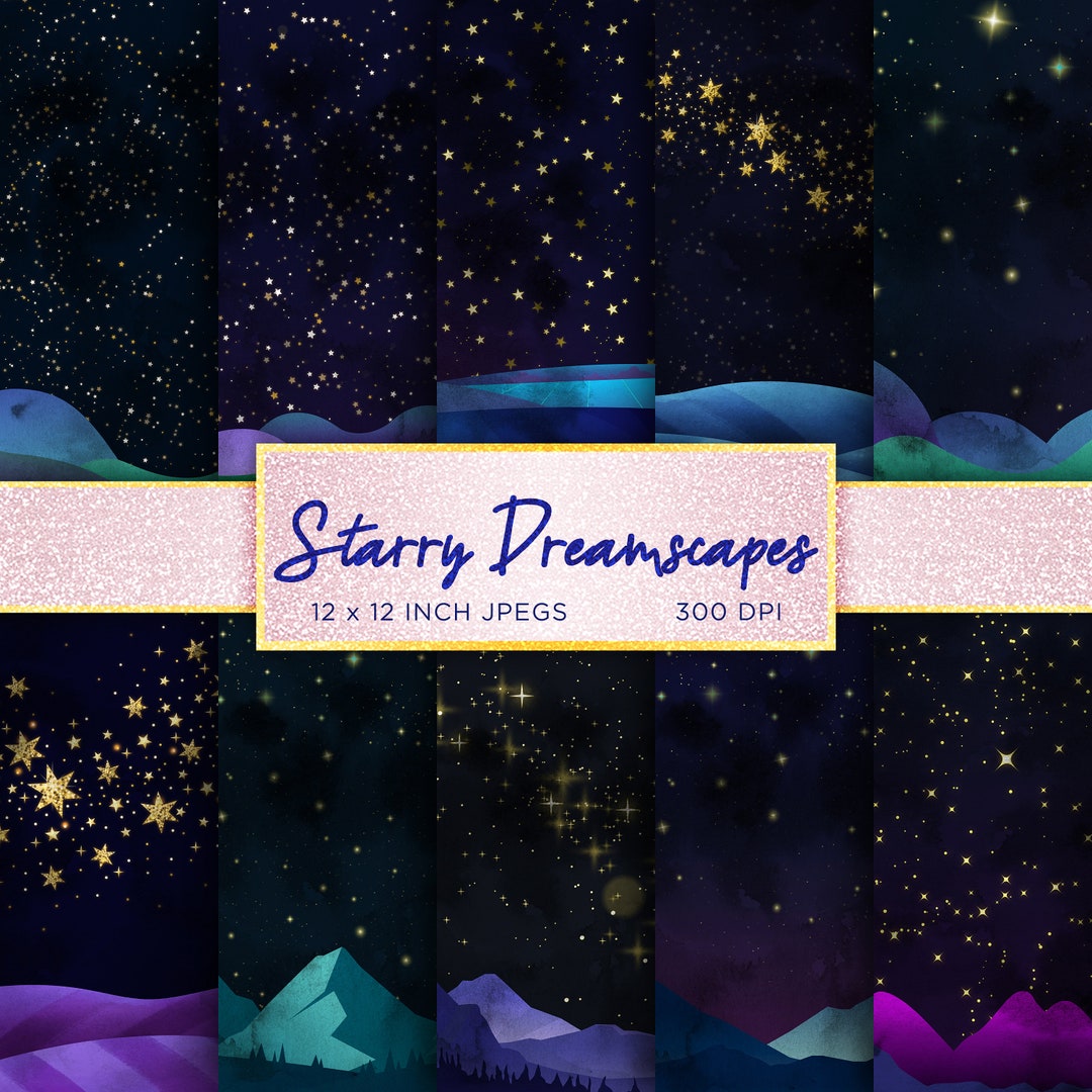 Starry Dreamscapes Digital Paper Celestial Night Digital Paper Metallic ...