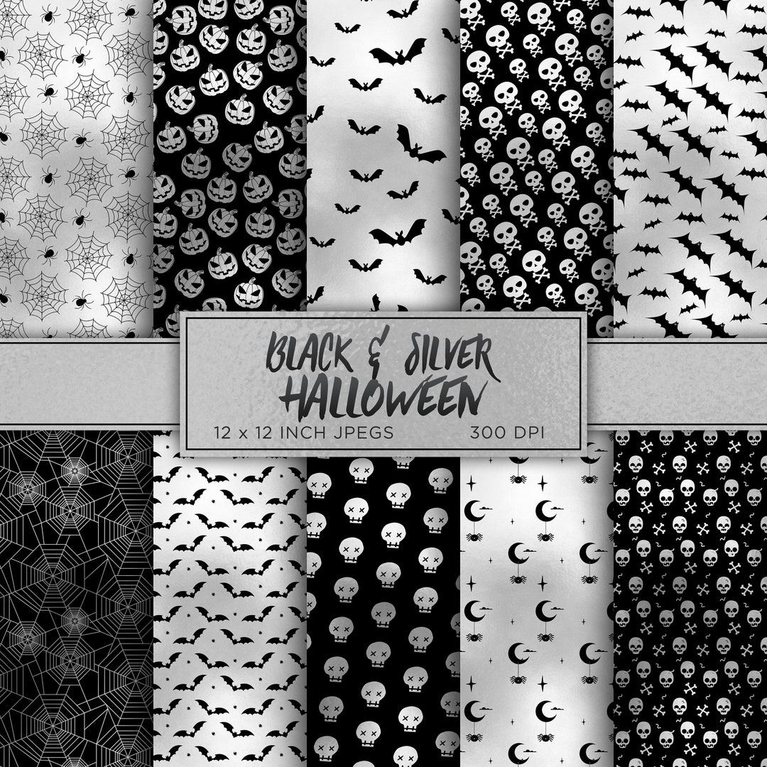 Black and Silver Halloween Digital Paper Metallic Bats Skulls Digital ...