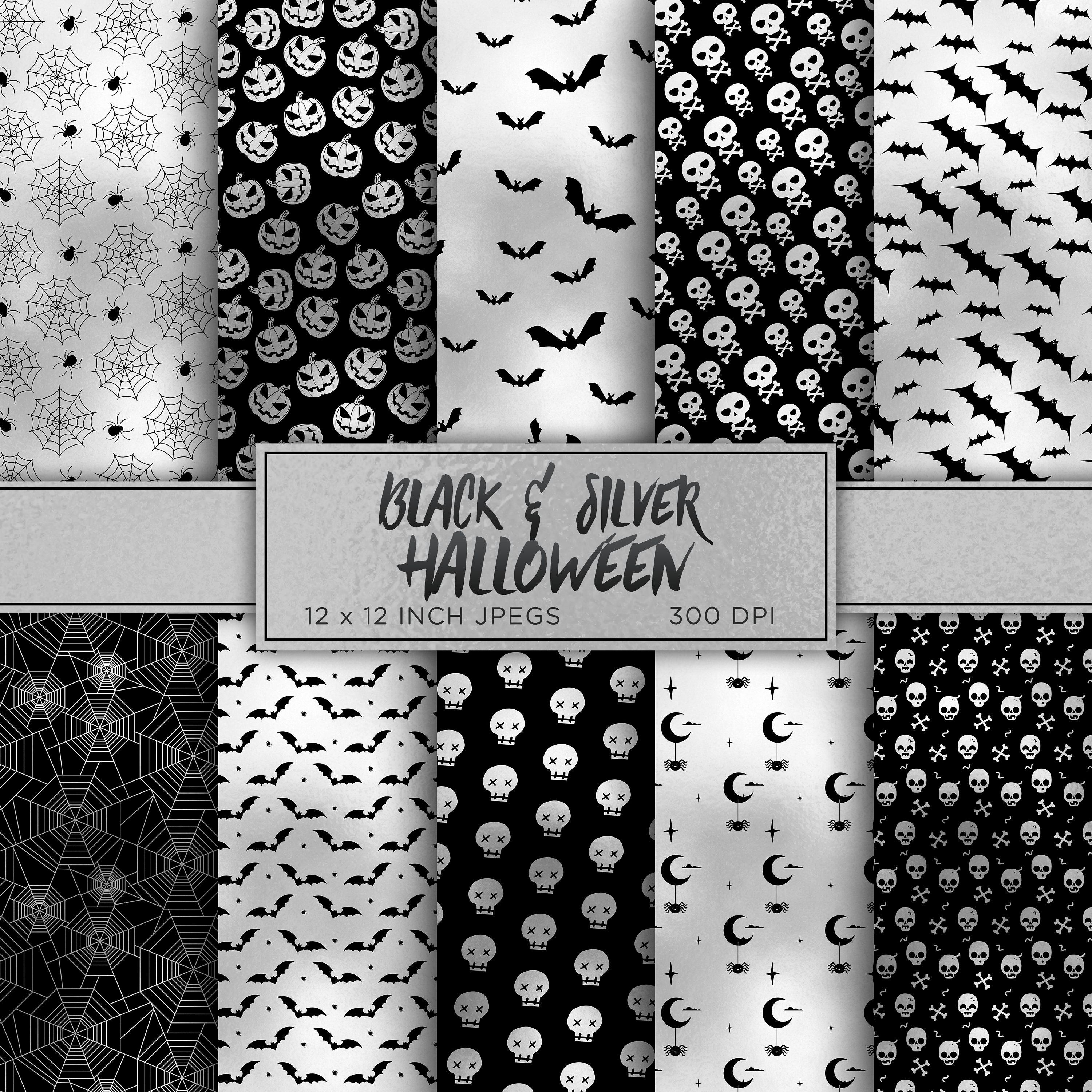 Black and Silver Halloween Digital Paper Metallic Bats Skulls - Etsy UK