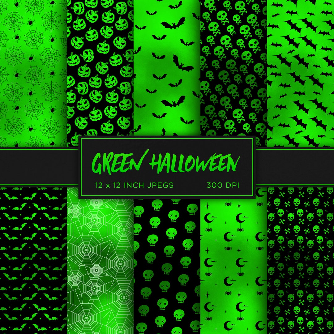 Green Halloween Digital Paper Metallic Bats Skulls Digital Paper Webs ...