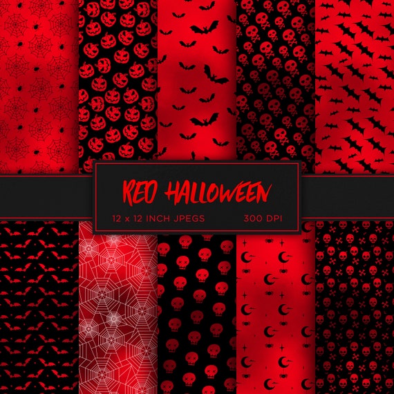 Red Halloween Digital Paper Metallic Bats Skulls Digital Paper - Etsy