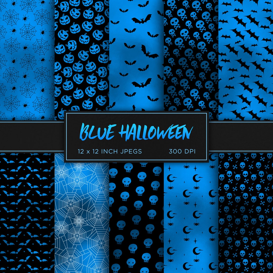 Blue Halloween Digital Paper Metallic Bats Skulls Digital Paper Webs ...