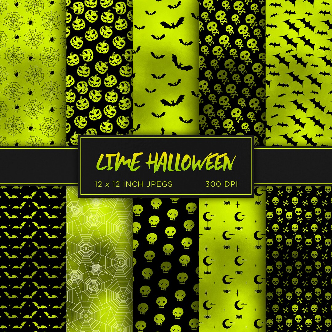 Lime Green Halloween Digital Paper Metallic Bats Skulls Digital Paper ...
