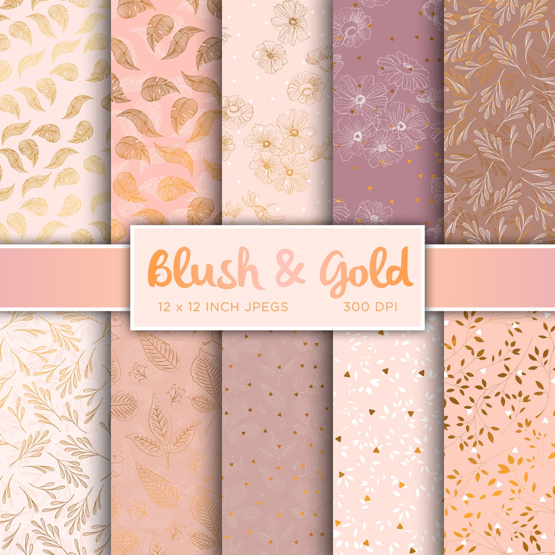 Blush And Gold Digital Paper Leaves Digital Paper Shabby Chic | Etsy