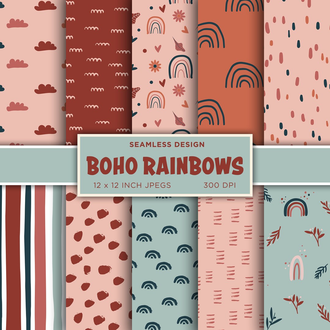 Boho Rainbows Seamless Digital Paper Bohemian Digital Paper Clouds ...