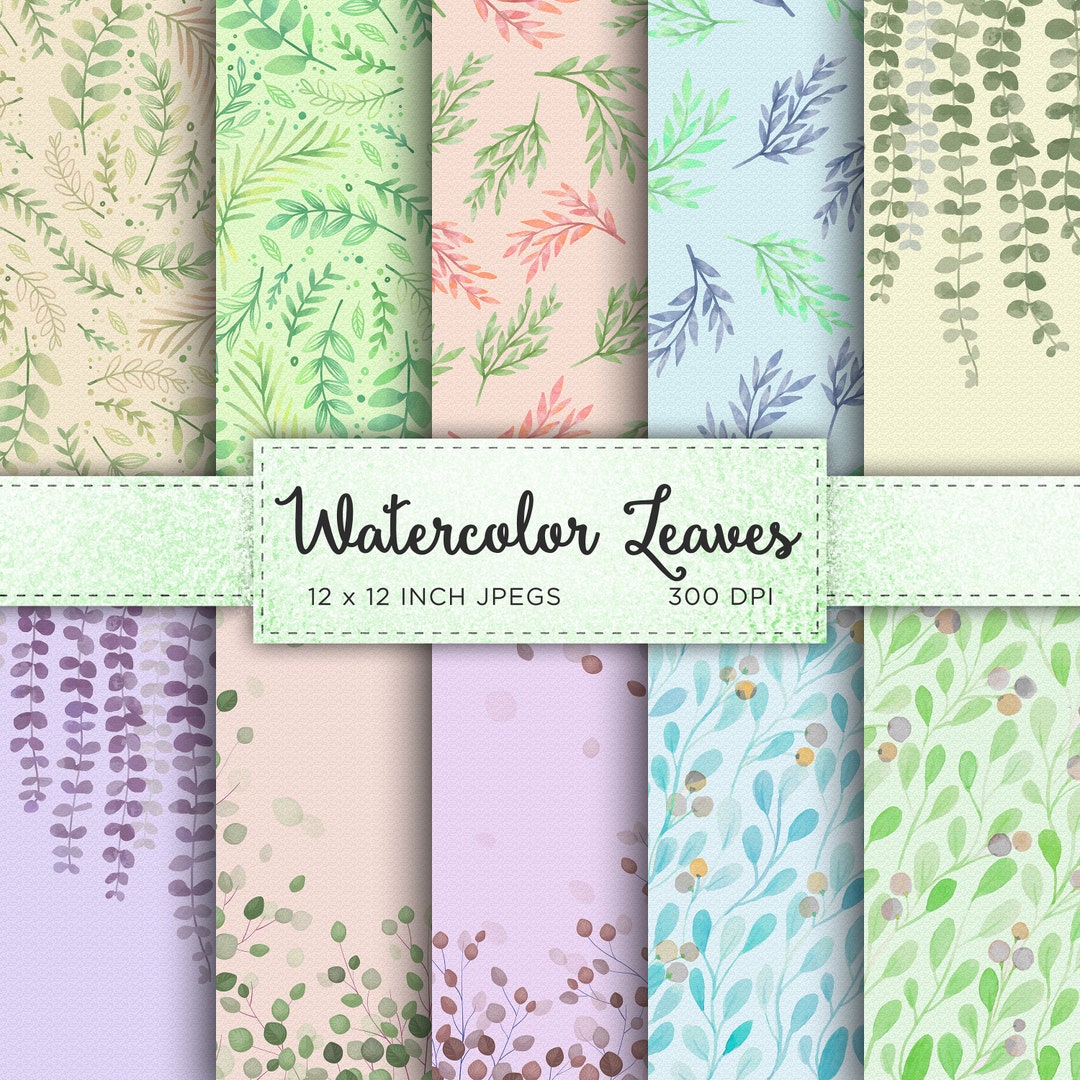 Watercolor Leaves Digital Paper Flower Digital Paper Green Lilac Purple ...