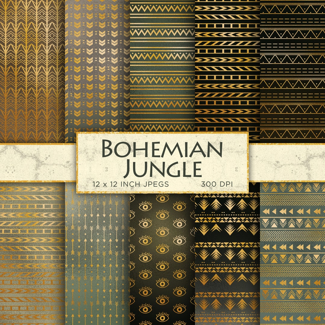 Bohemian Jungle Digital Paper Aztec Digital Paper Summer Boho Gold Foil ...