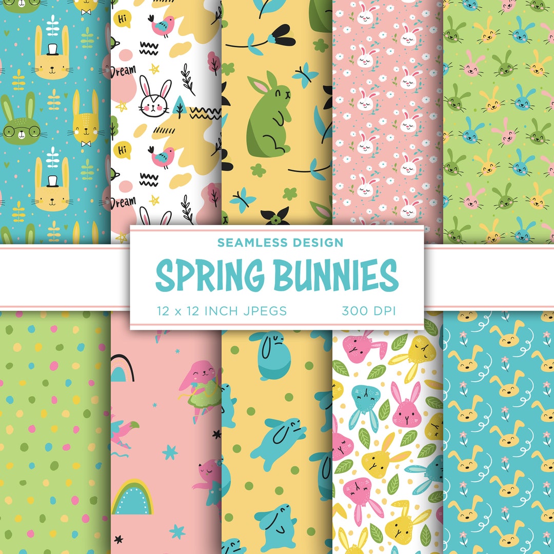 Spring Bunnies Seamless Digital Paper Fall Leaves Digital Paper Easter ...