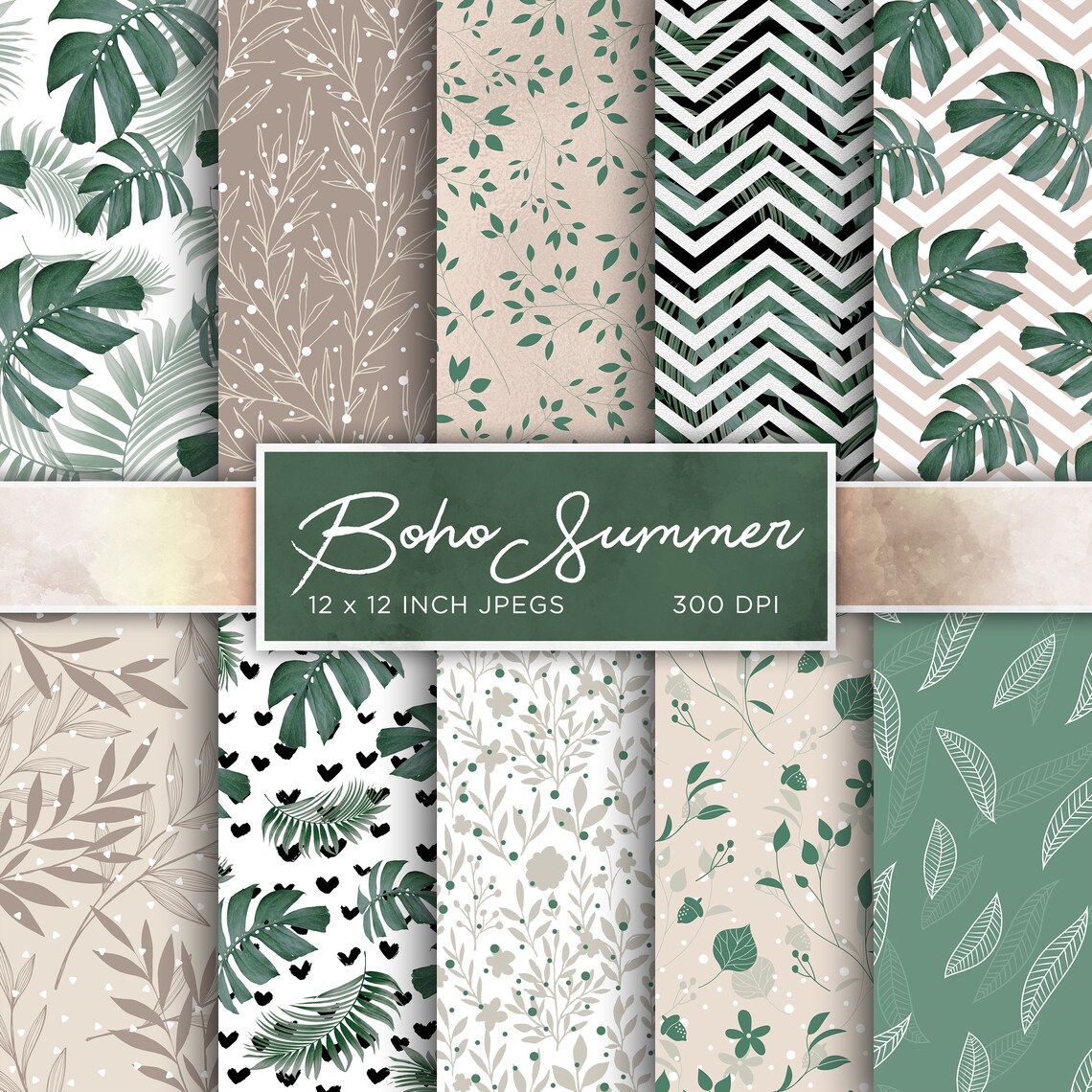Boho Summer Digital Paper Exotic Digital Paper Palm Tropical Leaves ...