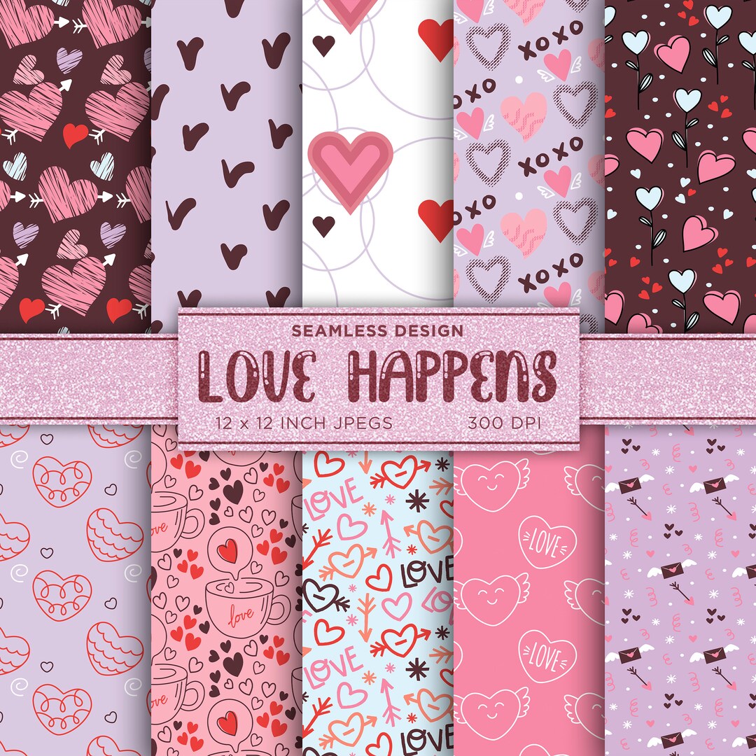 Love Happens Seamless Digital Paper Valentines Hearts Digital Paper ...