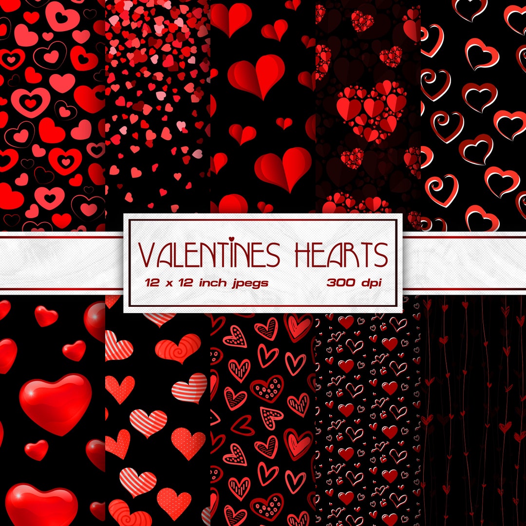 Valentines Hearts Digital Paper Glitter Hearts Digital Paper Red Black ...