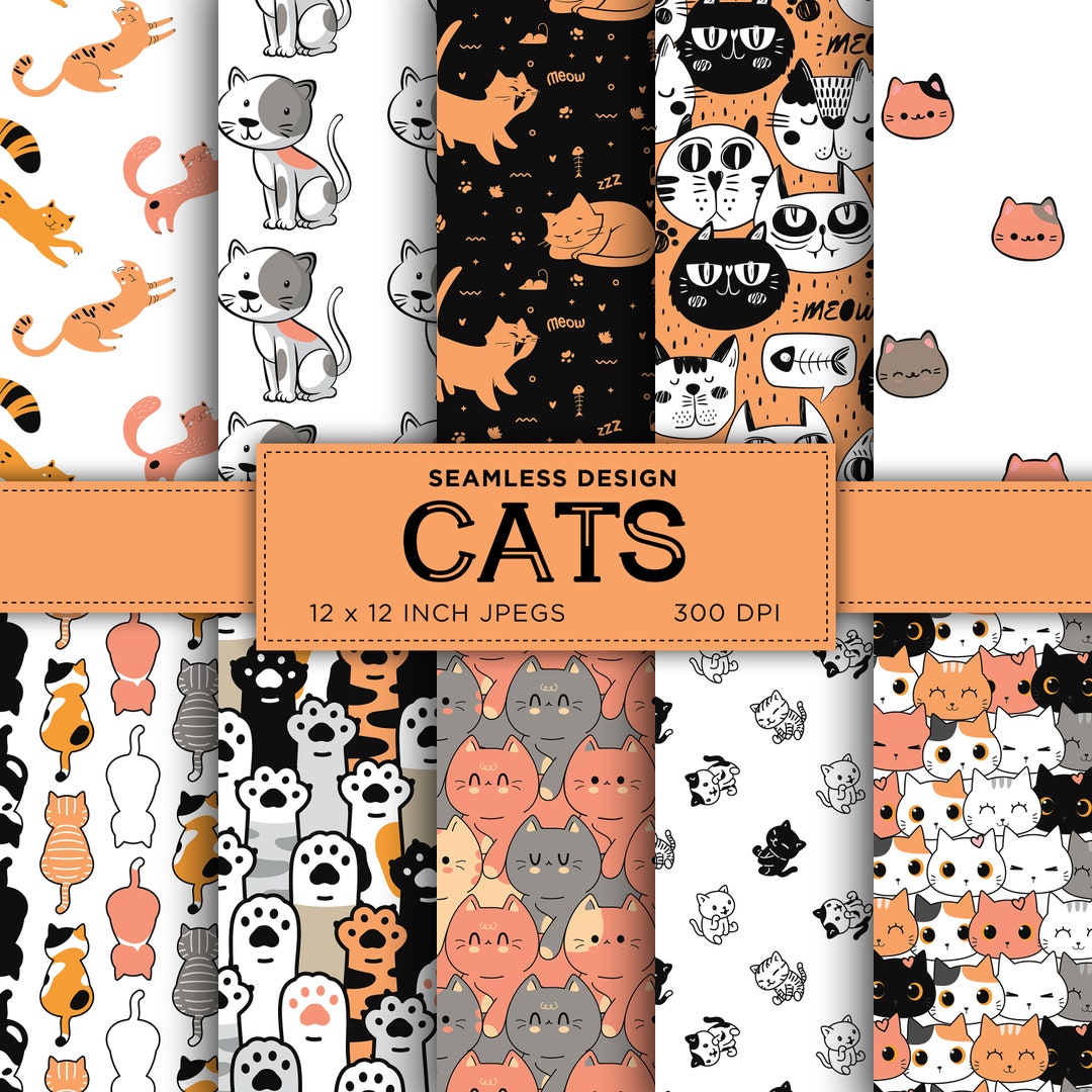 Cats Seamless Digital Paper Cat Kitten Digital Paper Paw Prints Black ...