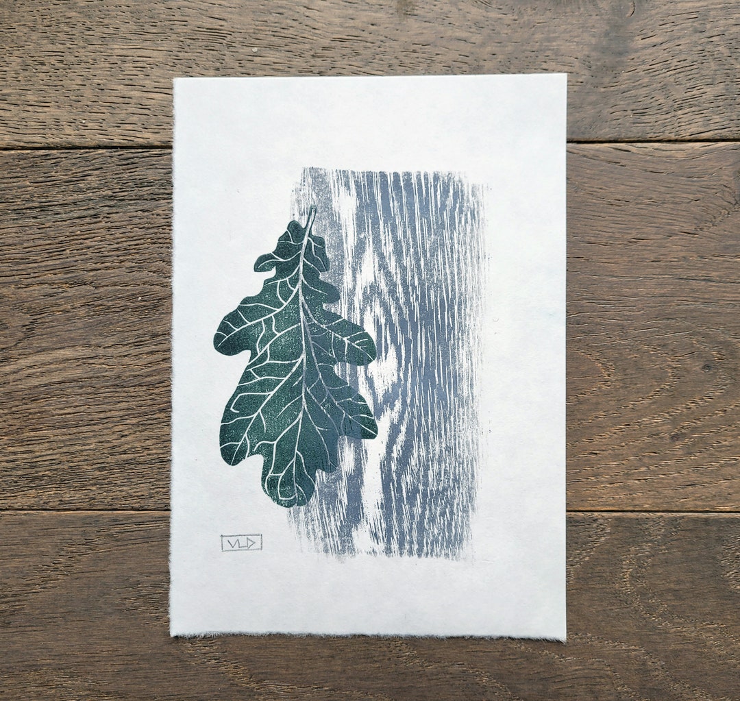 Original Small Linocut Print Oak Leaf Wall Art Gift for Nature - Etsy