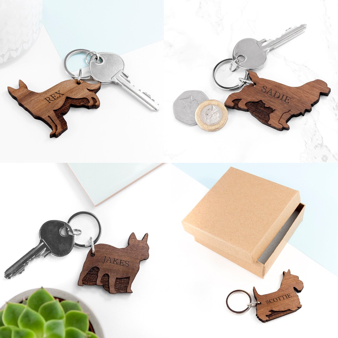 Personalised Dog Breed Silhouette Engraved Wooden Keyring, Eco Friendly ...