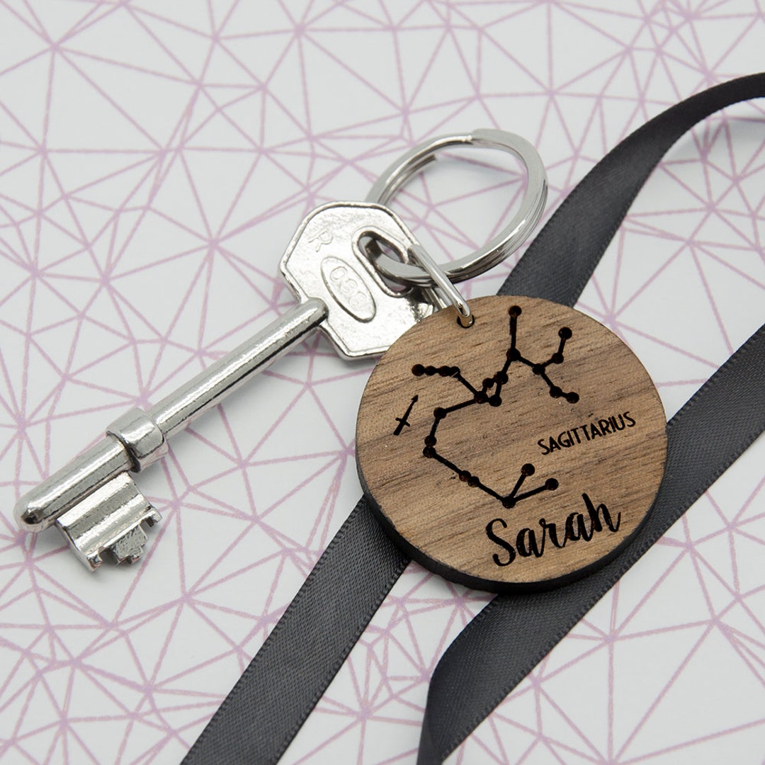 Personalised Round Wooden Zodiac Keyring, Star Sign, Astrology, Key ...