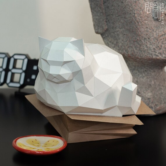Fat Cat in a Box Paper Model Papercraft DIY Low Poly | Etsy