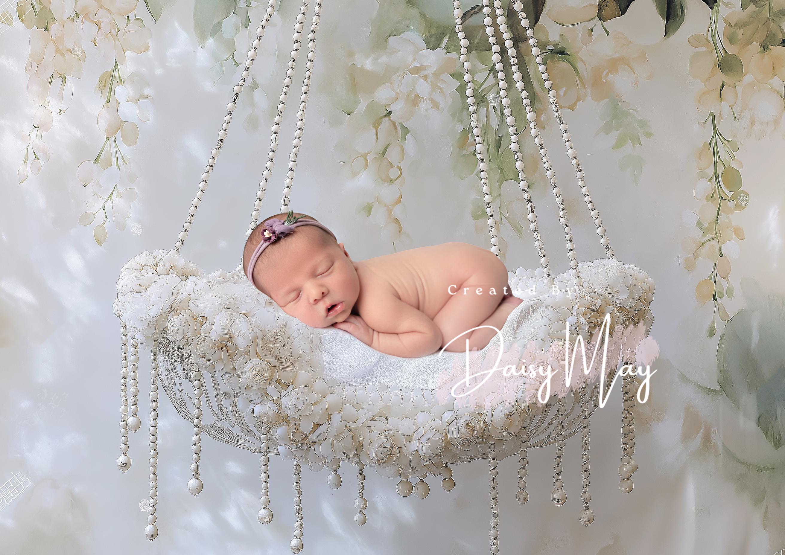 Newborn Baby Digital Backdrop White Hanging Cradle Floweral Pearls ...