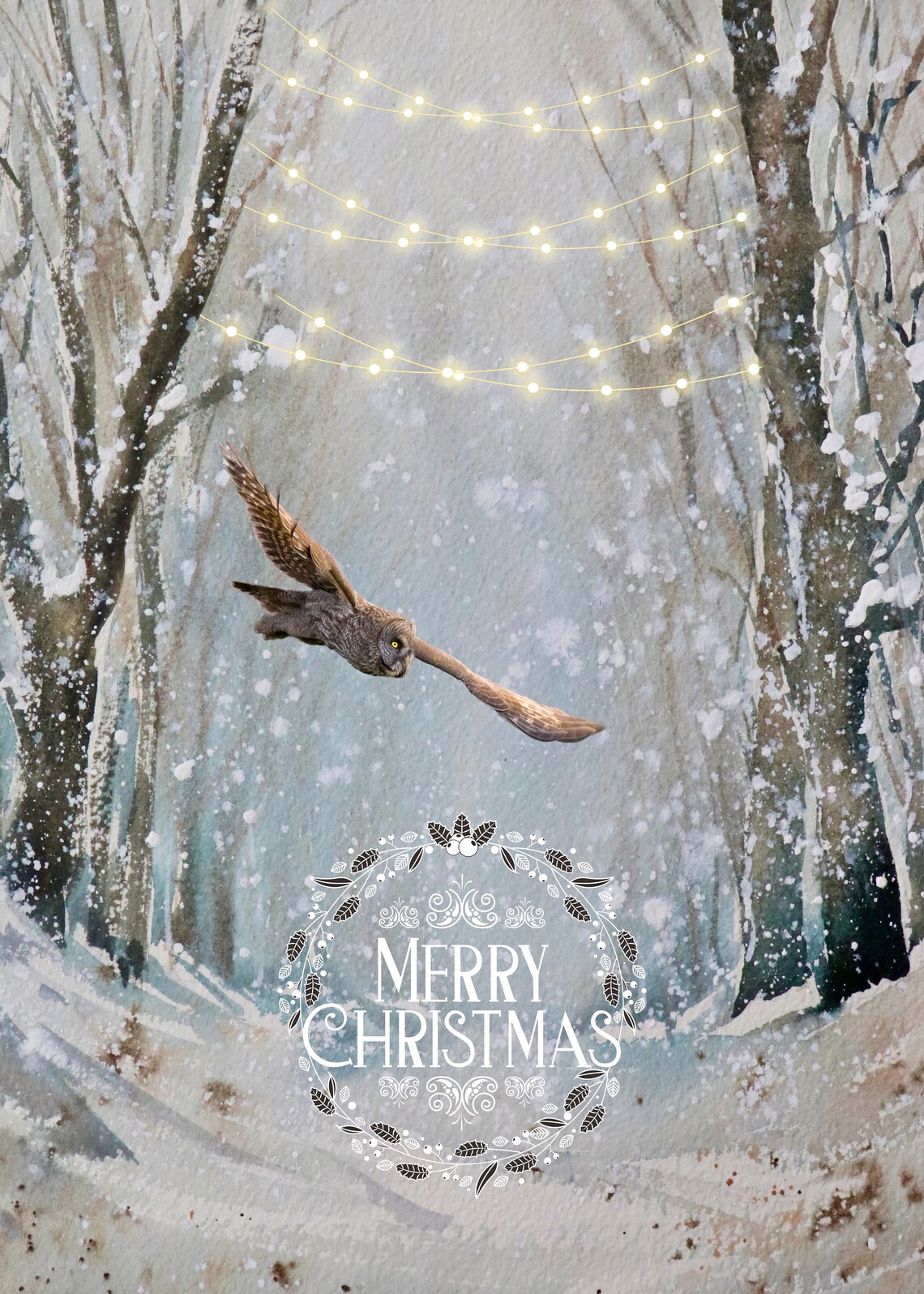 Christmas Card Holiday Owl Great Grey Personalize Magical Forest ...