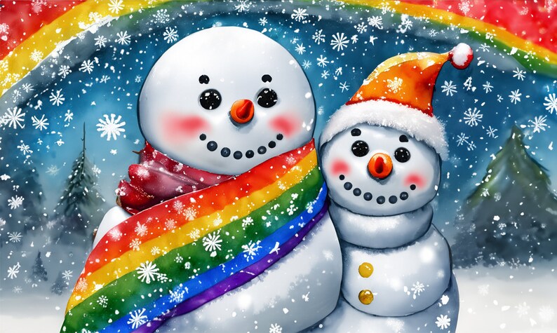 Gay Holiday Christmas Card Snowmen Rainbow Festivus Santa Hat Festive ...