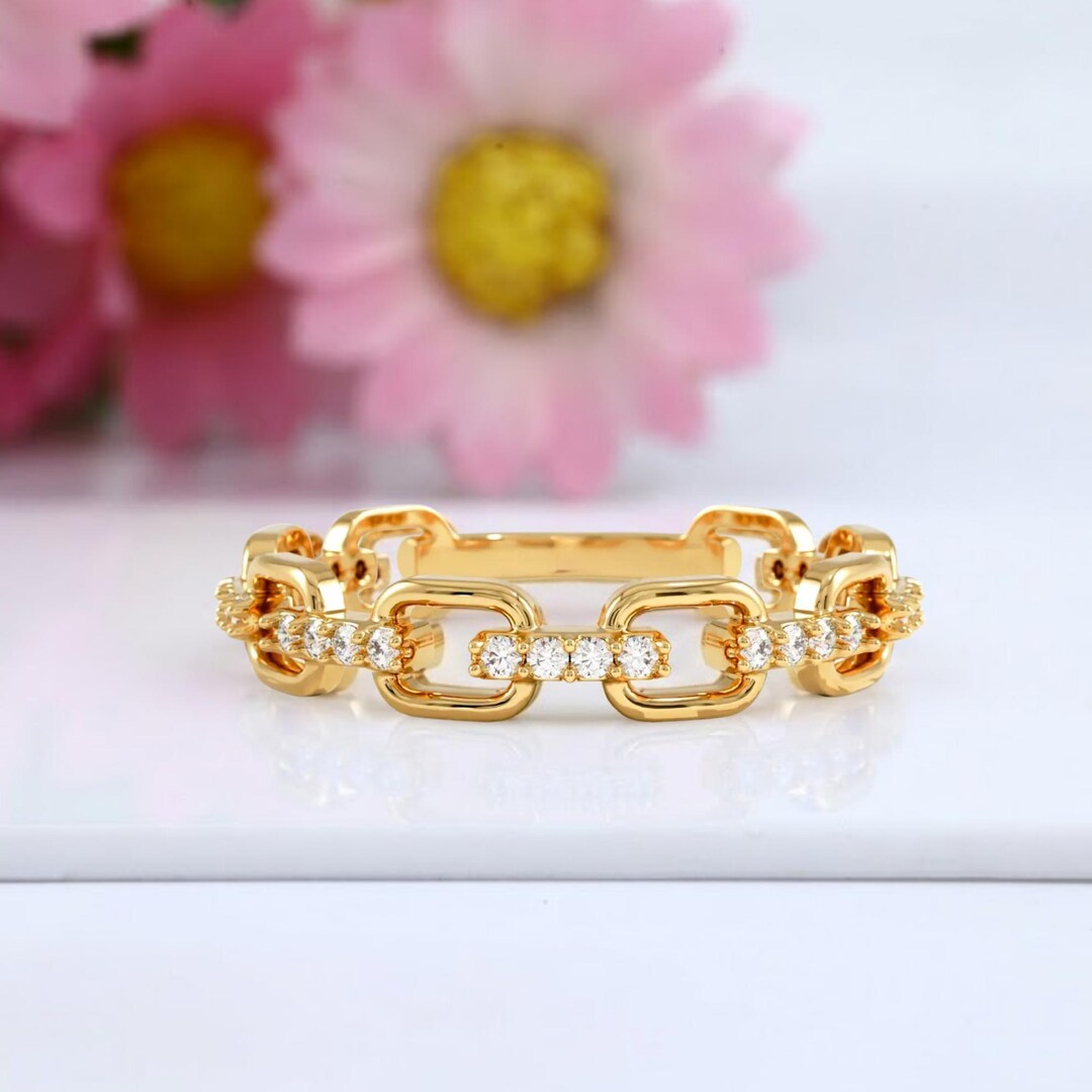 14K Solid Gold Pave Diamond Chain Link Ring, Minimal Dainty Stacking ...