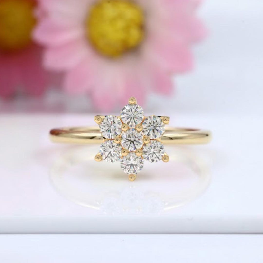 14k Gold Floral Diamond Engagement Ring, Floral Cluster Diamond Ring ...