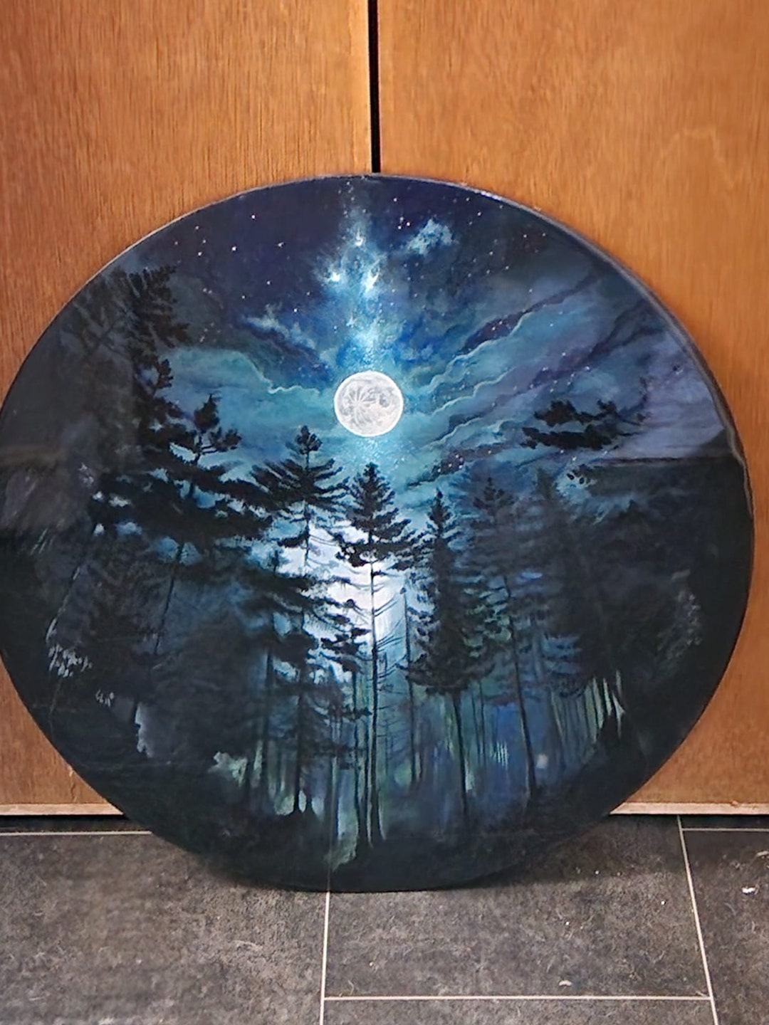 Original, 50" Round. Moonlight in Forest Painting. Fine Art/ Abstract ...
