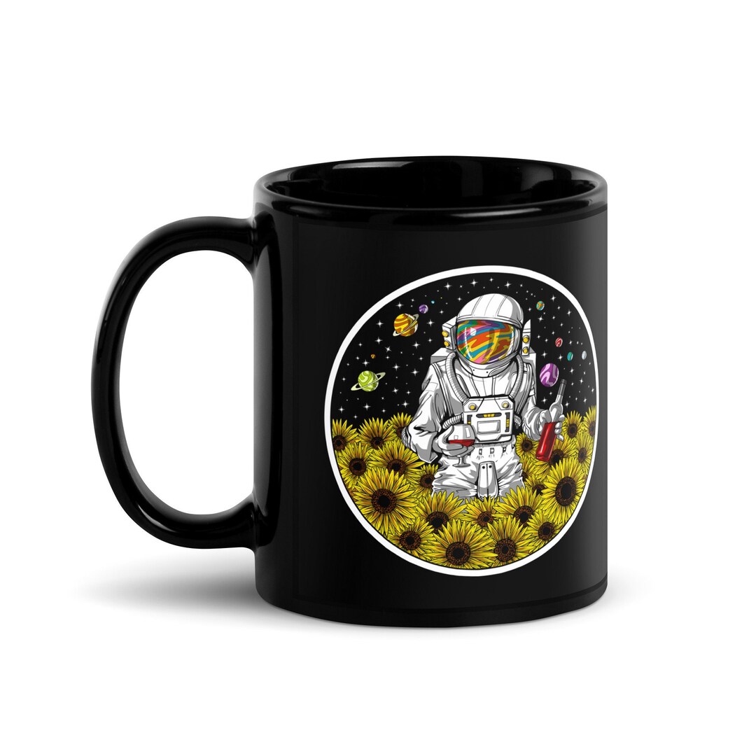 Psychedelic Astronaut Black Coffee Mug, Sunflowers Mug, Cosmic Mug ...