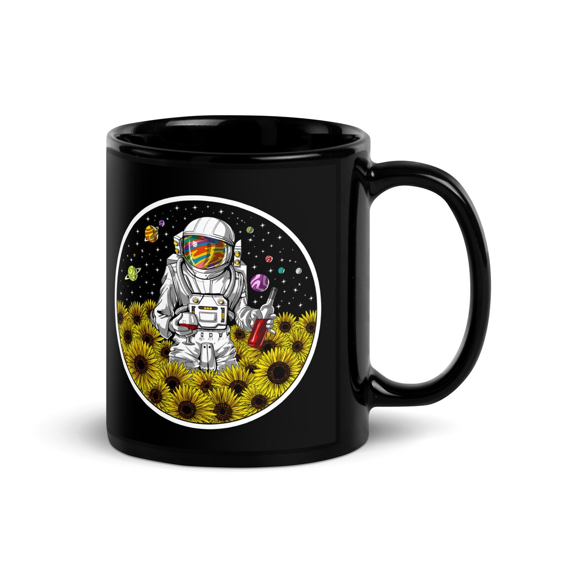 Psychedelic Astronaut Black Coffee Mug, Sunflowers Mug, Cosmic Mug ...