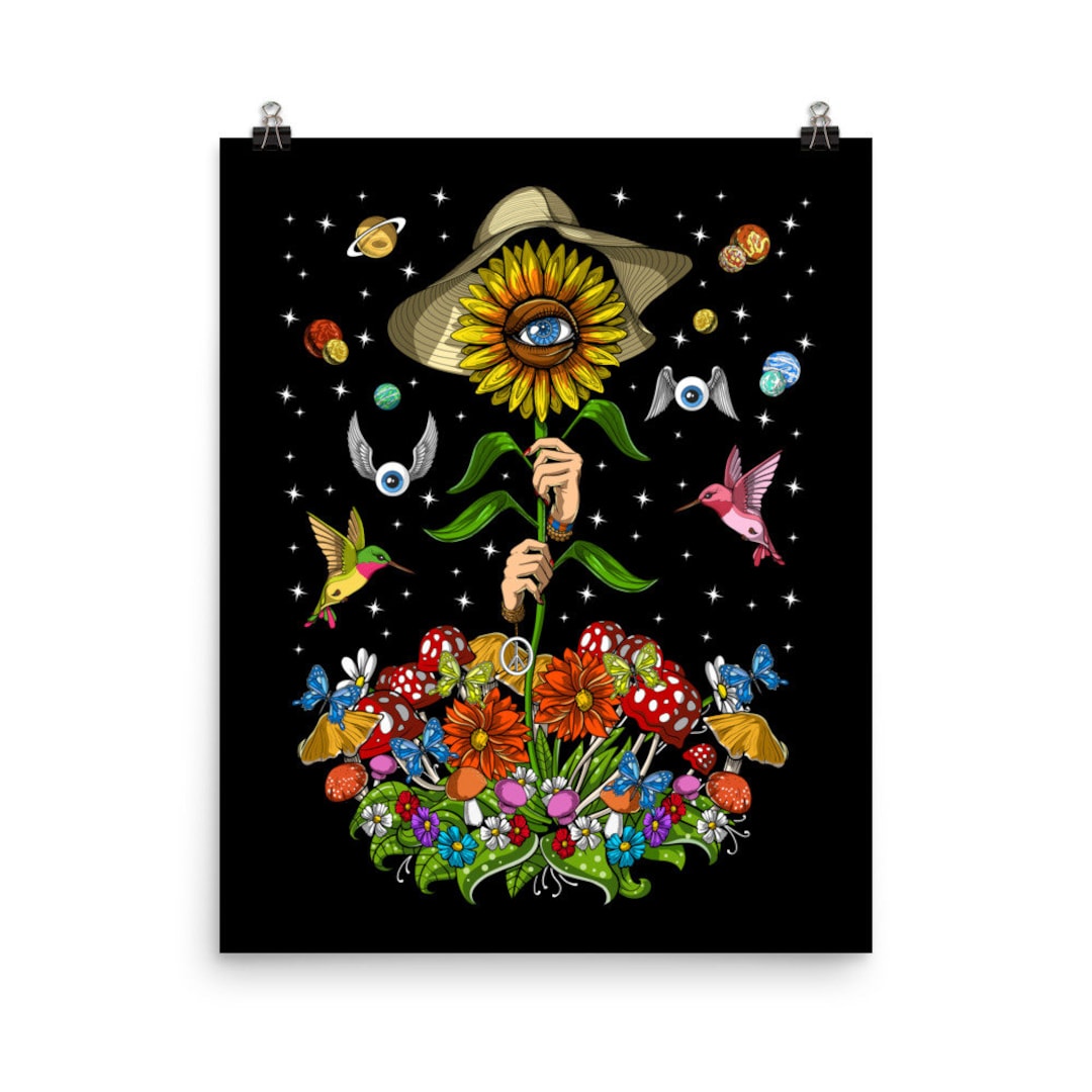 Psychedelic Hippie Sunflower Poster, Floral Nature Wall Decor, Trippy ...