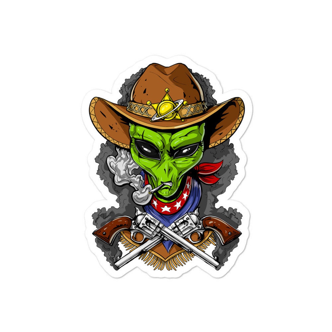 Space Alien Cowboy Sticker - UFO Vinyl Sticker - Funny Alien Decal ...