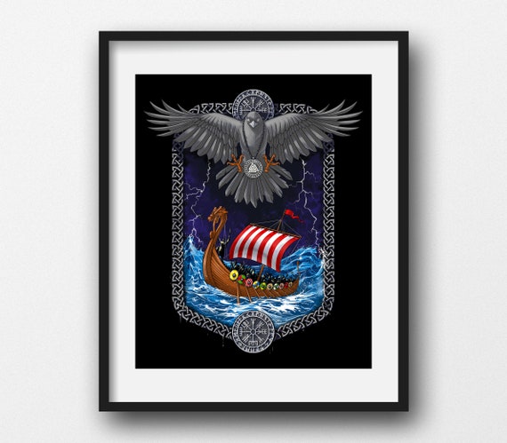 Norse Viking Ship Canvas Poster Nordic Mythology Raven Wall - Etsy