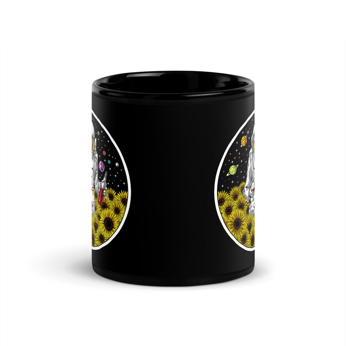 Psychedelic Astronaut Black Coffee Mug, Sunflowers Mug, Cosmic Mug ...