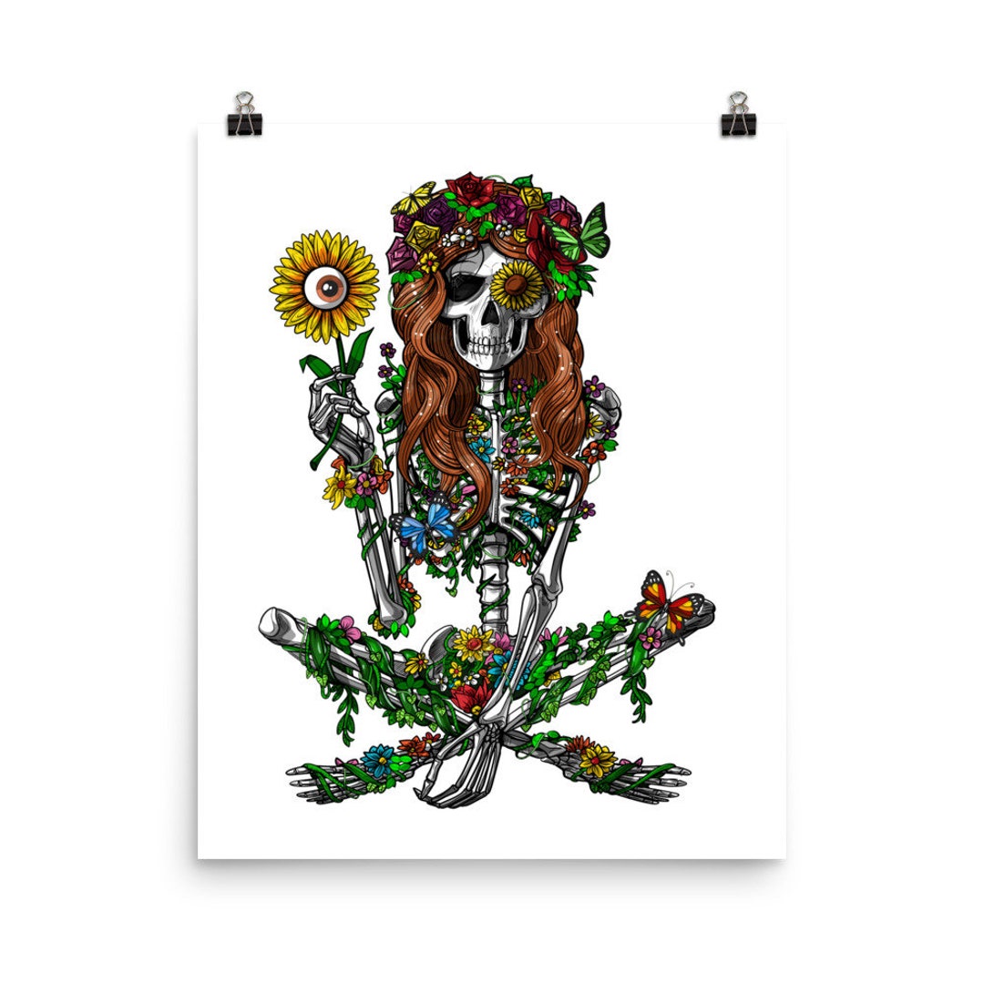 Skeleton Hippie Poster, Floral Wall Decor, Hippie Art Print, Flowers ...