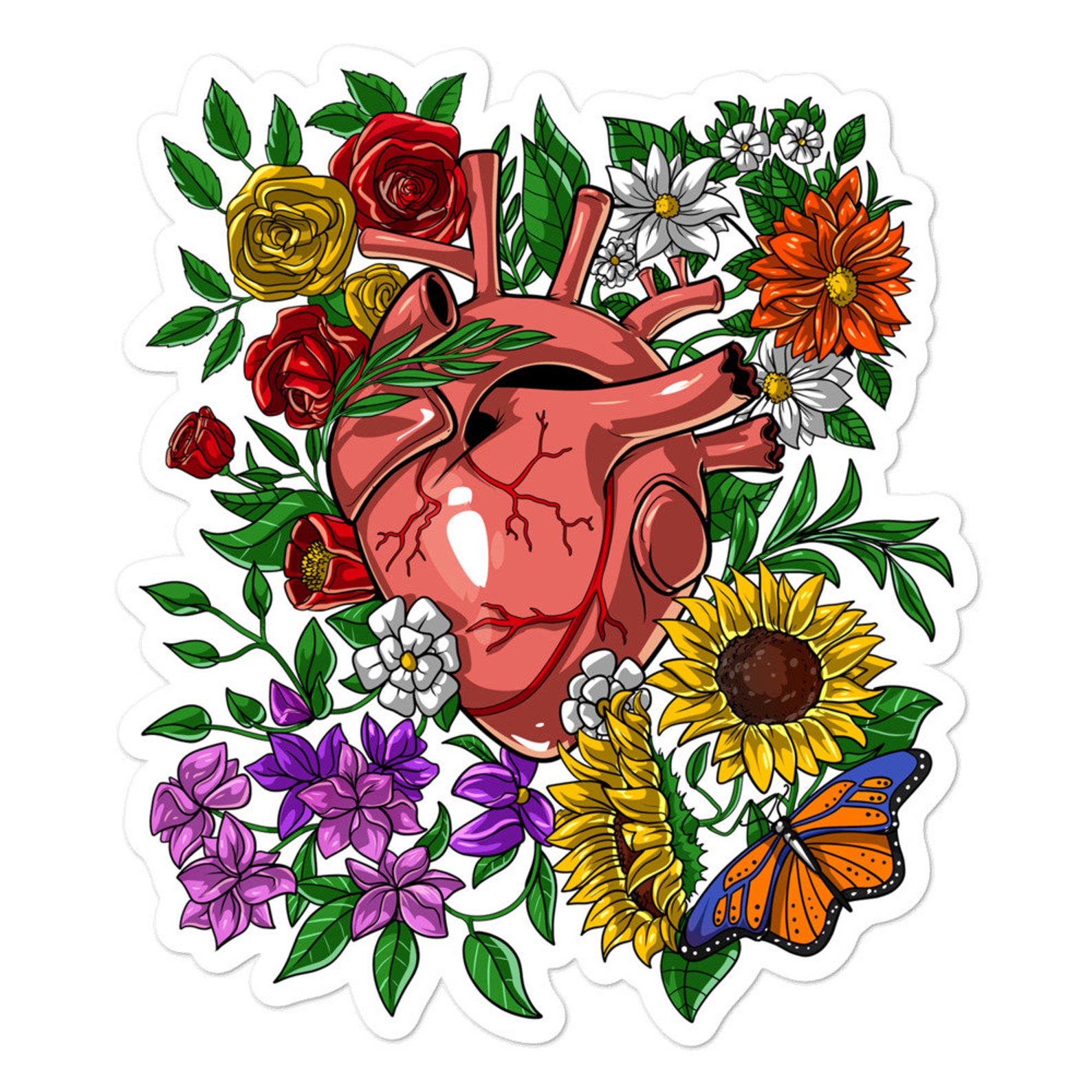 Anatomical Heart Flowers Sticker Sunflowers Sticker - Etsy
