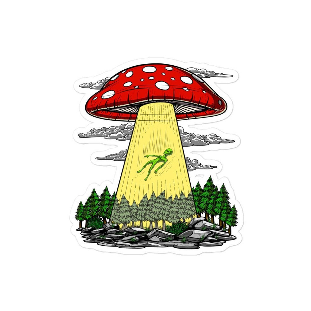 Psychedelic Mushroom Sticker, Alien Abduction Sticker, UFO Decals ...