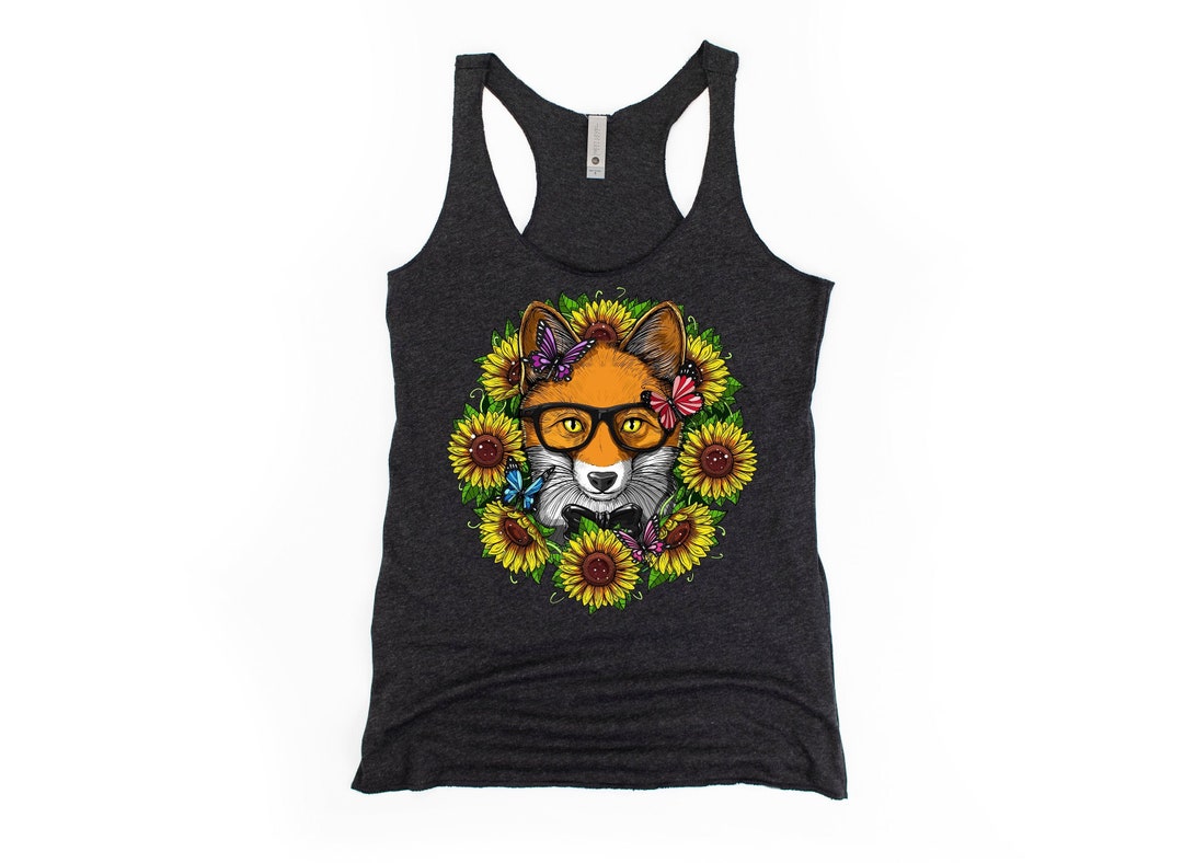 Fox Sunflowers Womens Tank Top Hippie Racerback Tank Floral Fox Clothes ...