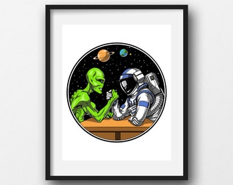 Space Alien Arm Wrestling Sticker Astronaut Sticker Funny | Etsy