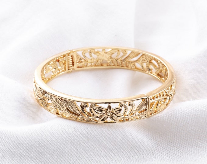 12mm Open Lock Floral Bangle, Hamilton Gold / Hawaiian Jewelry - Etsy