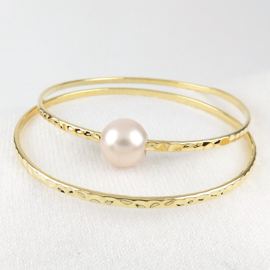 Set of 2 Straight Bangles, Pink Shell Pearl on Hamilton Gold Gauge Wire ...