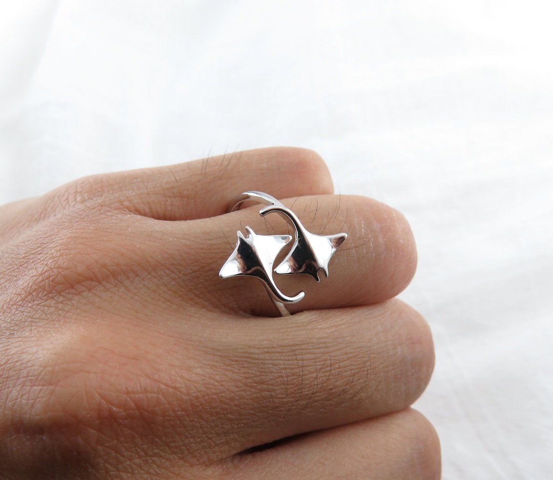 Two Manta Ray Ring / 925 Sterling Silver Manta Ring / Adjustable Wrap Around Bypass Ring ...