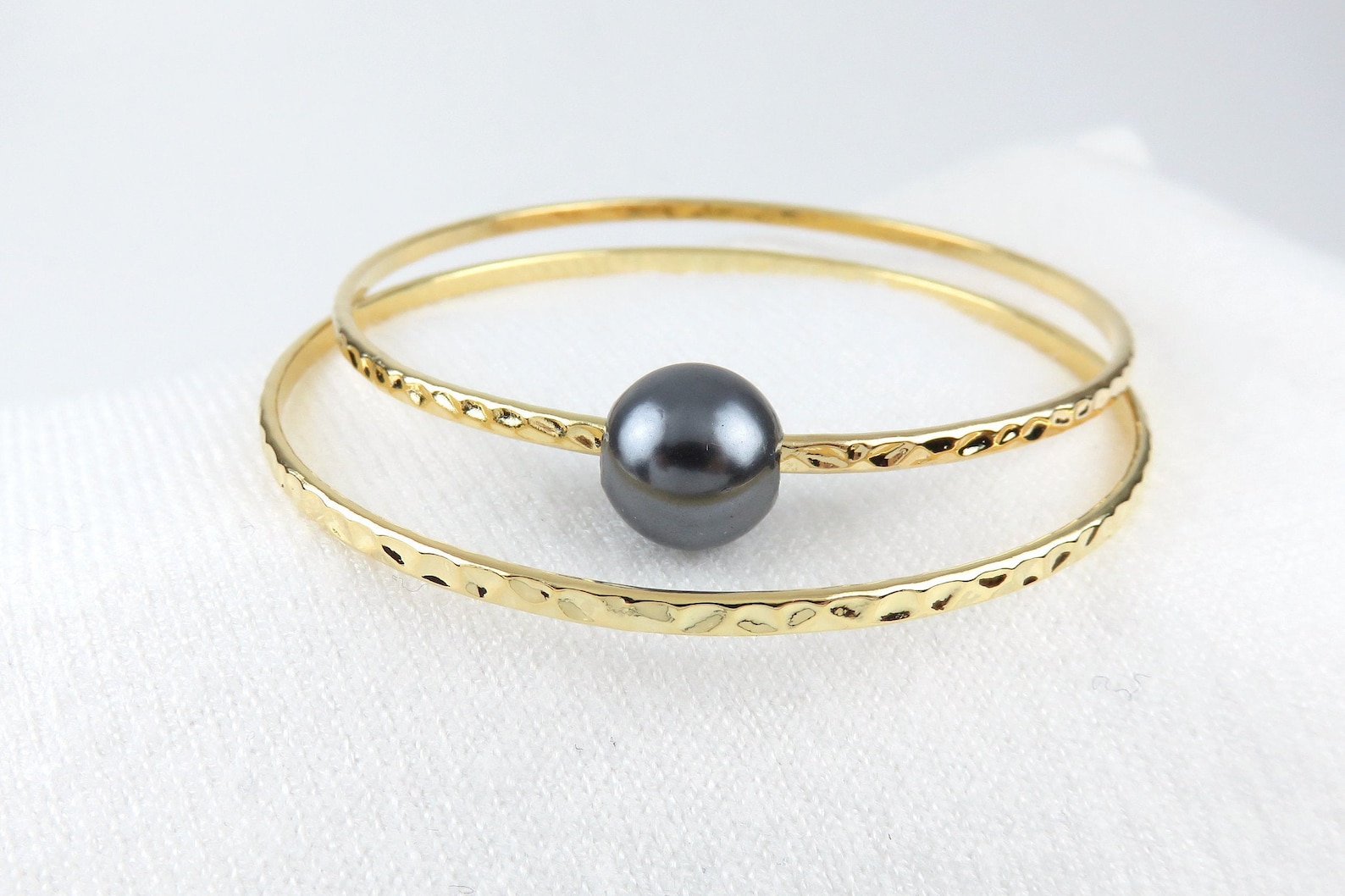 Set of 2 Straight Bangles, Black Shell Pearl on Hamilton Gold Gauge ...