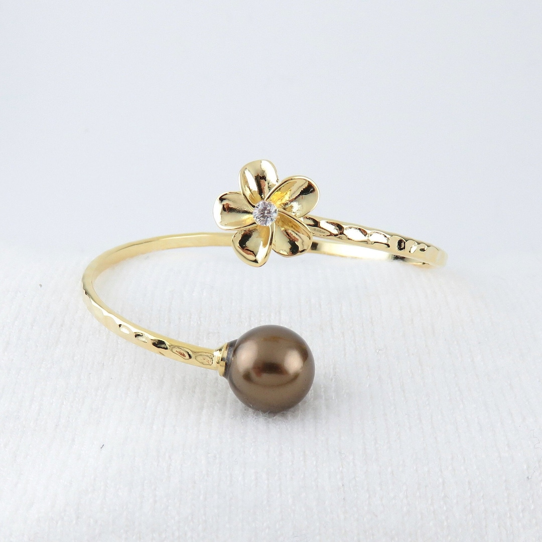 Brown Pearl Plumeria Flower Bypass Wrap Bangle, Hawaiian Hamilton Gold ...