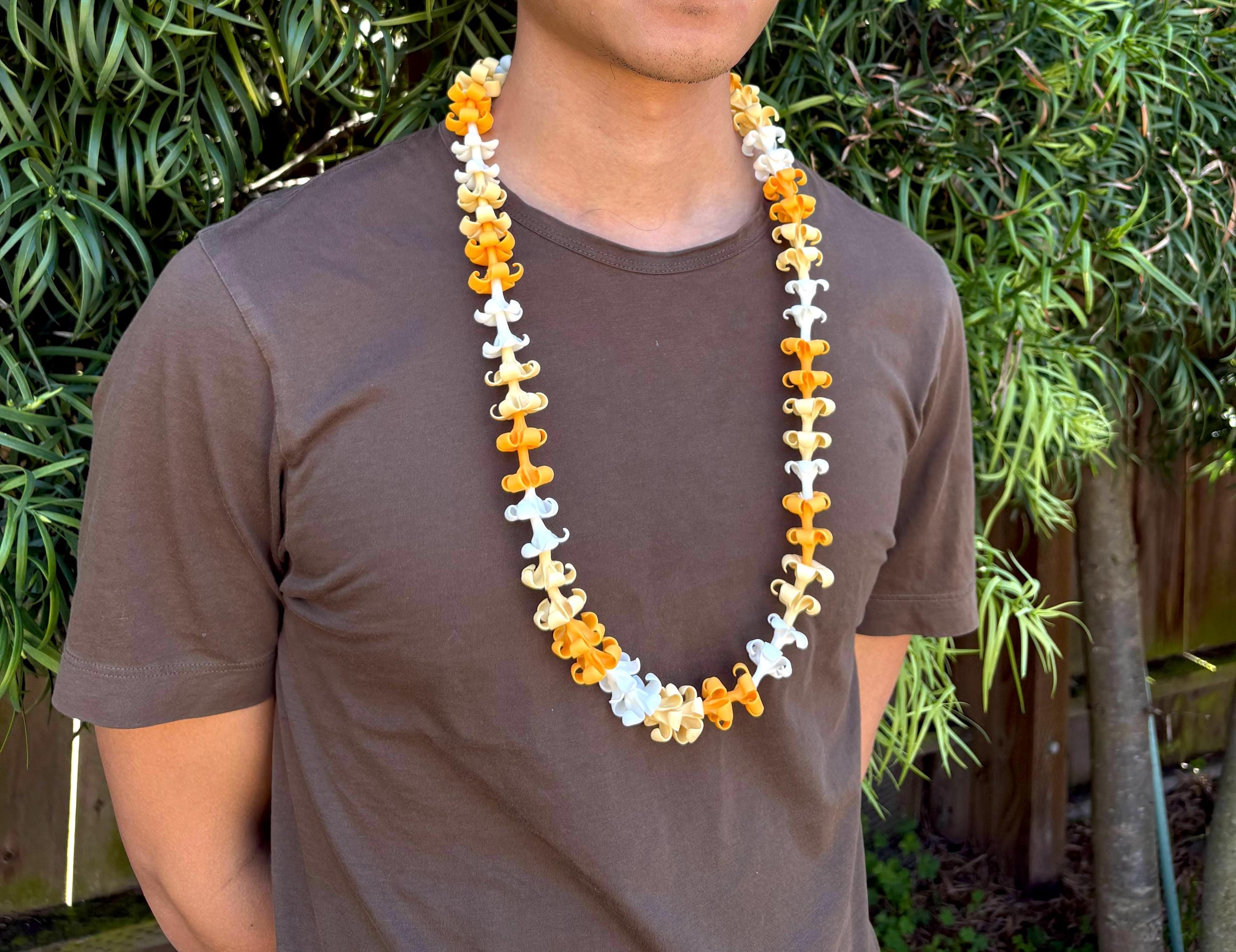 Handmade Tricolor Orange Puakenikeni Flower Lei, Life-like Clay Flowers ...