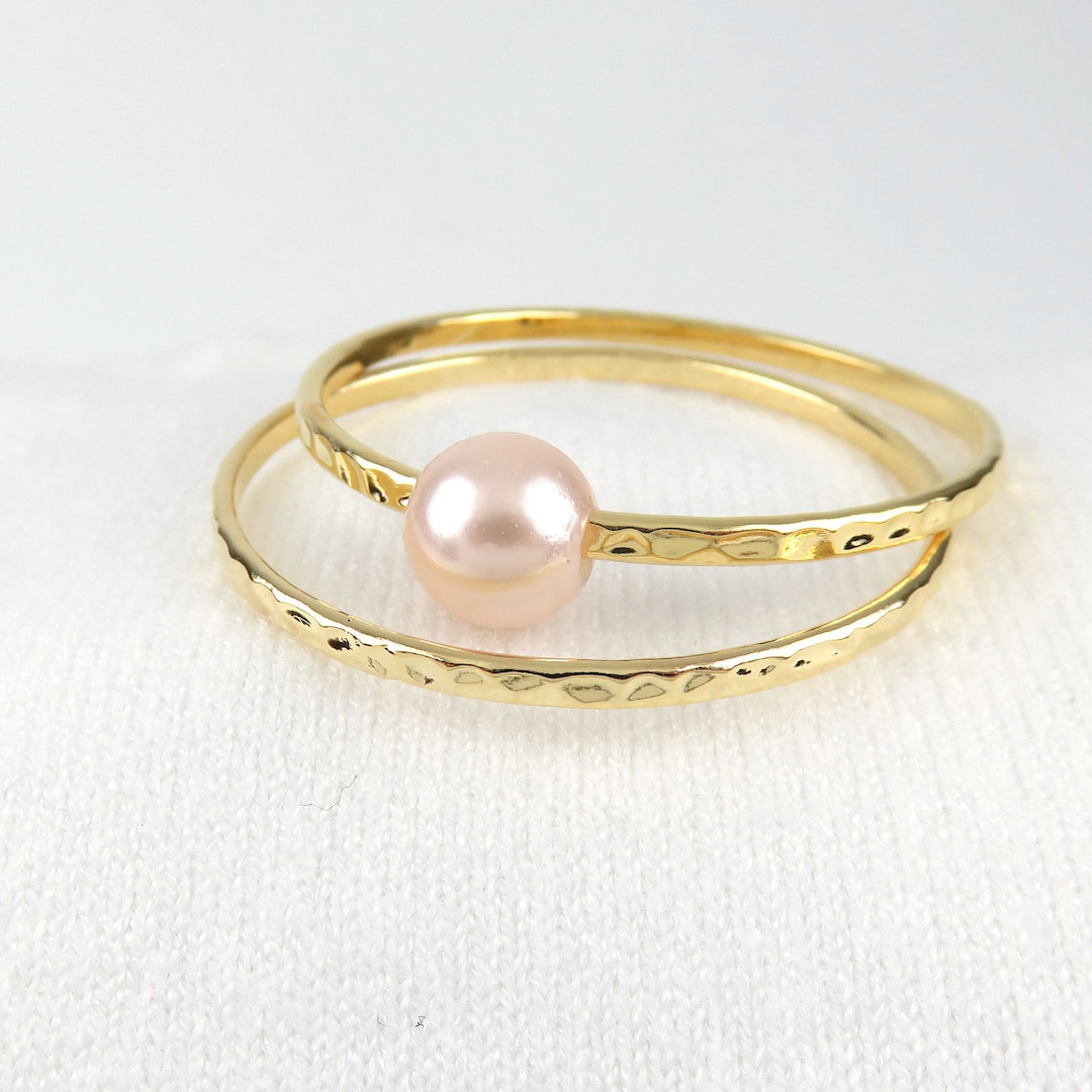 Stackable Set of 2 Baby Bangles, Pink Pearl / 3mm Hammer-cut Gauge Wire ...
