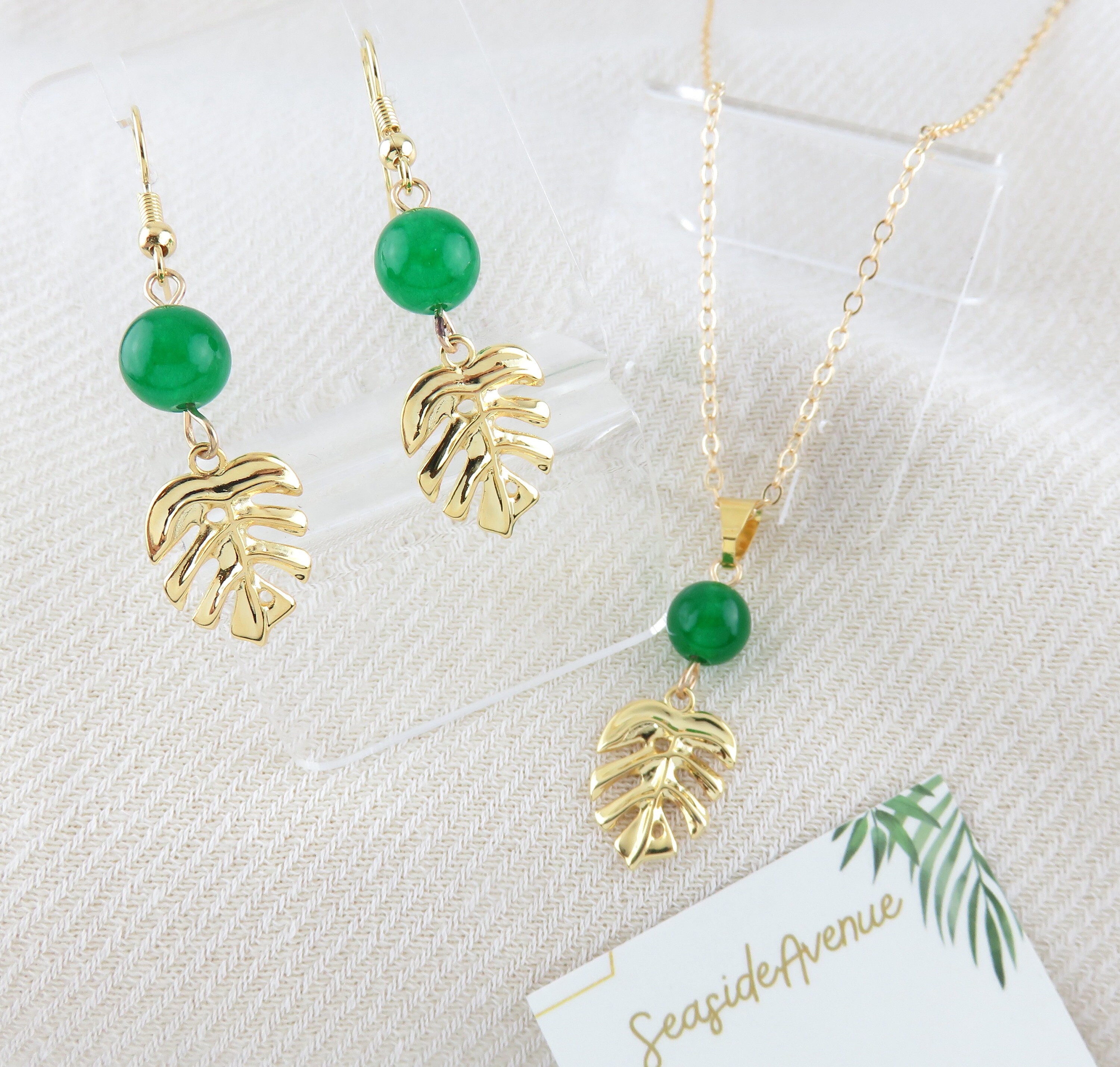 Monstera and Green Jade Earrings / Real Jade - Etsy