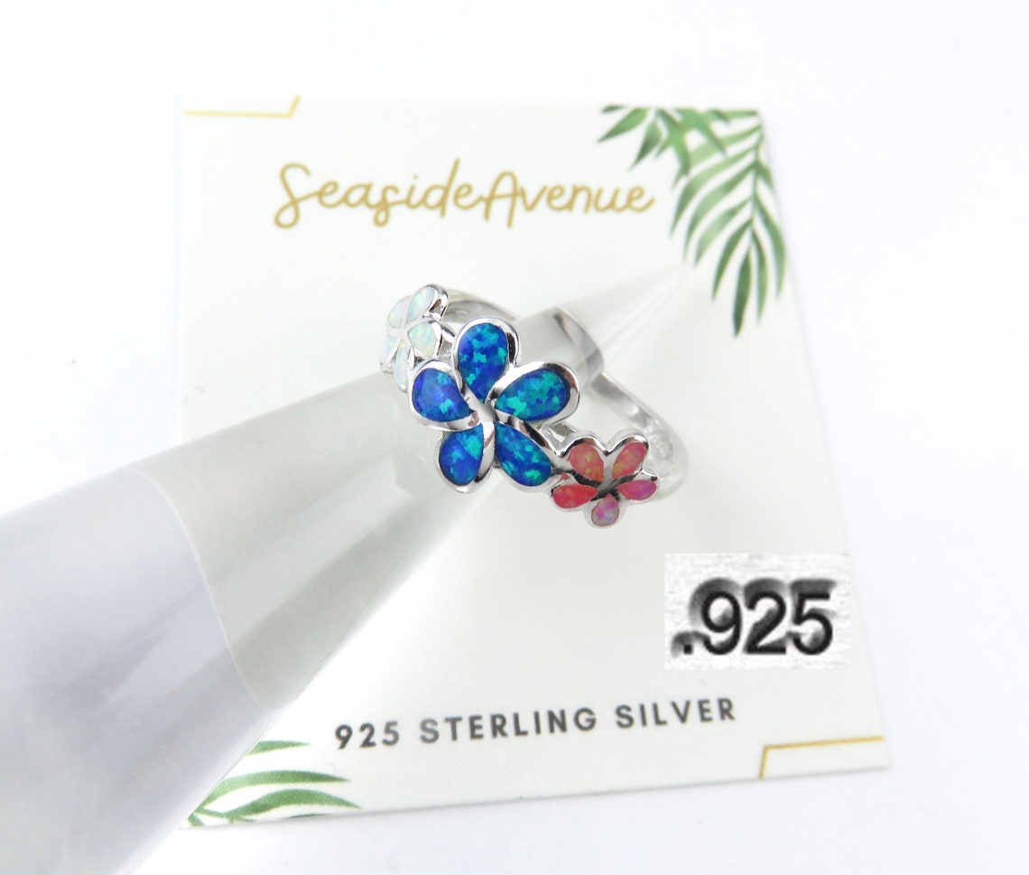 Hawaiian Triple Plumeria Flower Blue and Multicolor Opal Inlay Ring 925 ...